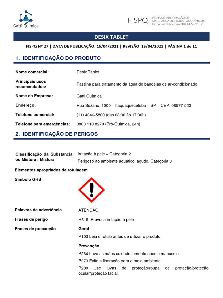 FISPQ Desix Tablet: Segurança e Uso | PDF | Desperdício | Química