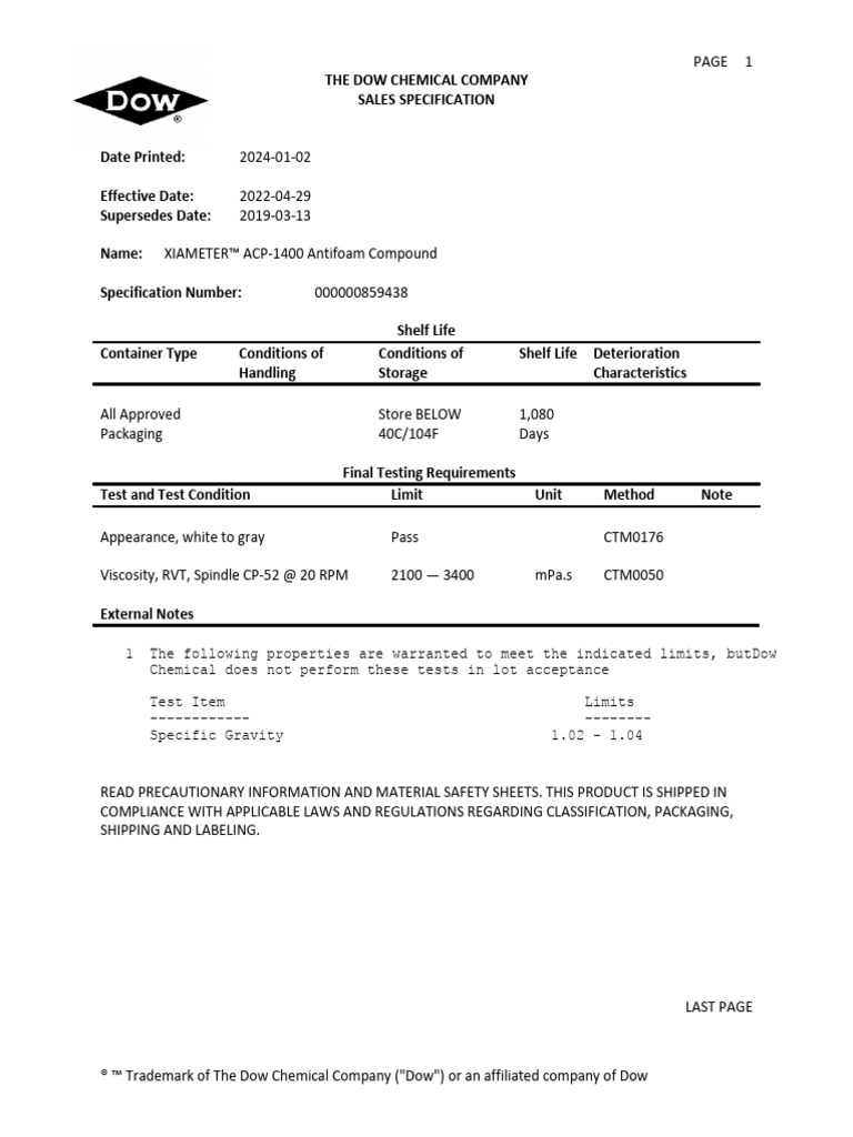 XIAMETER™ ACP-1400 Antifoam Compound | PDF