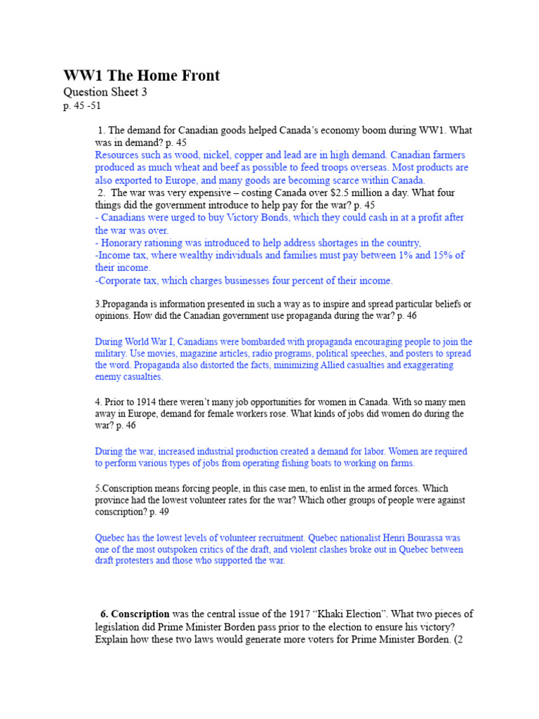 WW1 Question sheet 3 | PDF | Taxes | World War I