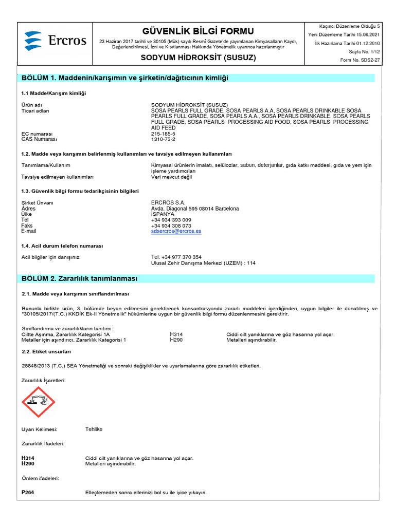 Sodyum Hidroksit Ispanya MSDS TR 2022 | PDF