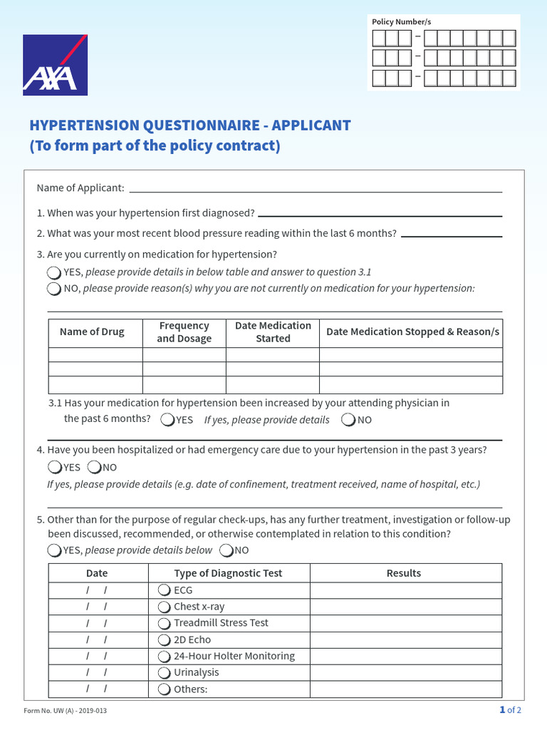 Hypertension Questionnaire for Applicants | PDF | Hypertension ...