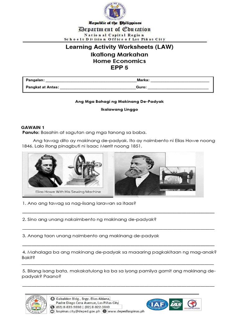 Learning Activity Worksheets (LAW) Ikatlong Markahan Home Economics Epp 5 | PDF