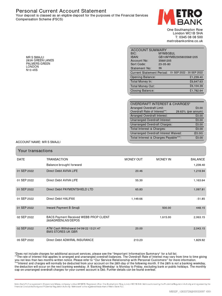 Personal Current Account Statement | PDF | Overdraft | Transaction Account