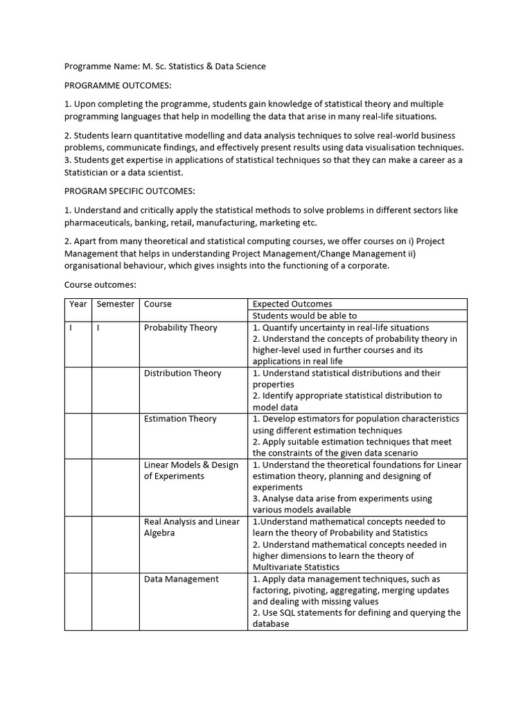 Program Outcome MSC Statistics & Data Science REVISED | PDF