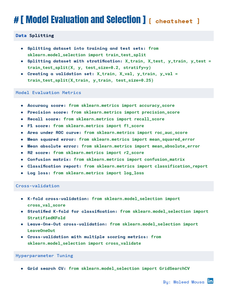 Model Evaluation and Selection Cheatsheet 1708023215 | PDF | Cross Validation (Statistics ...