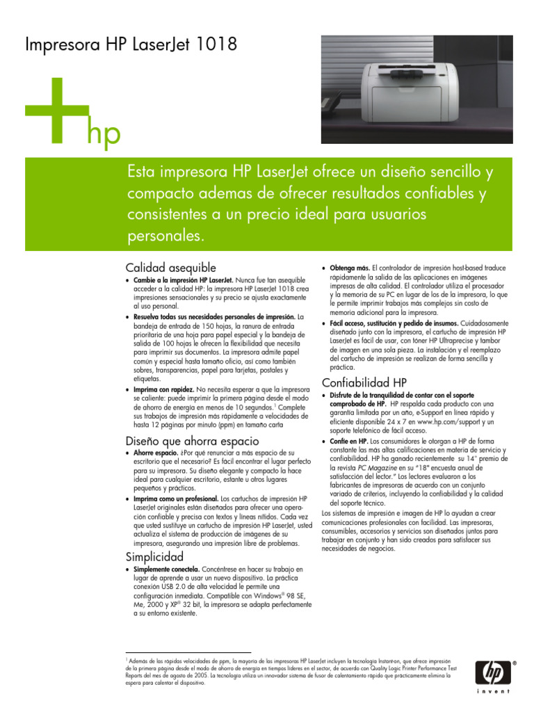 hp_laserjet_1018_especificaciones_tecnicas | PDF | Impresora (Computación) | Microsoft Windows