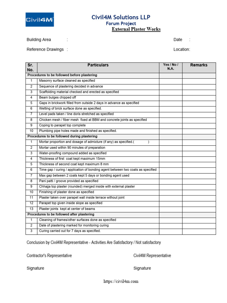 Plastering Checklist for Builders | PDF | Plaster | Concrete