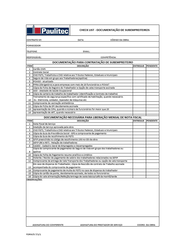 Formulário - Check List | Download grátis PDF | Economias | Business