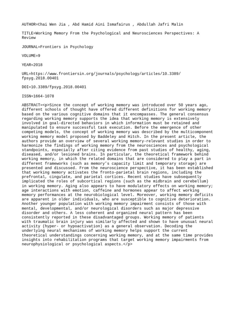 Working Memory: Psychological & Neuroscience Insights | PDF | Working Memory | Memory