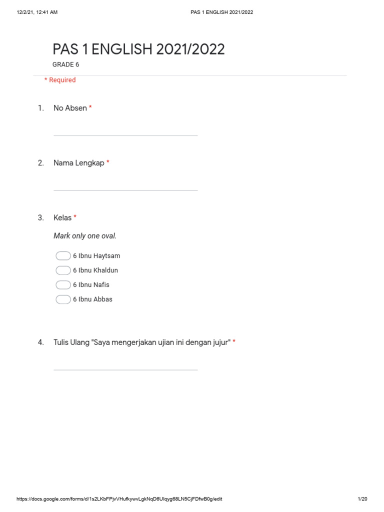 PAS ENGLISH FIX 2021 - 2022 - Google Forms | PDF