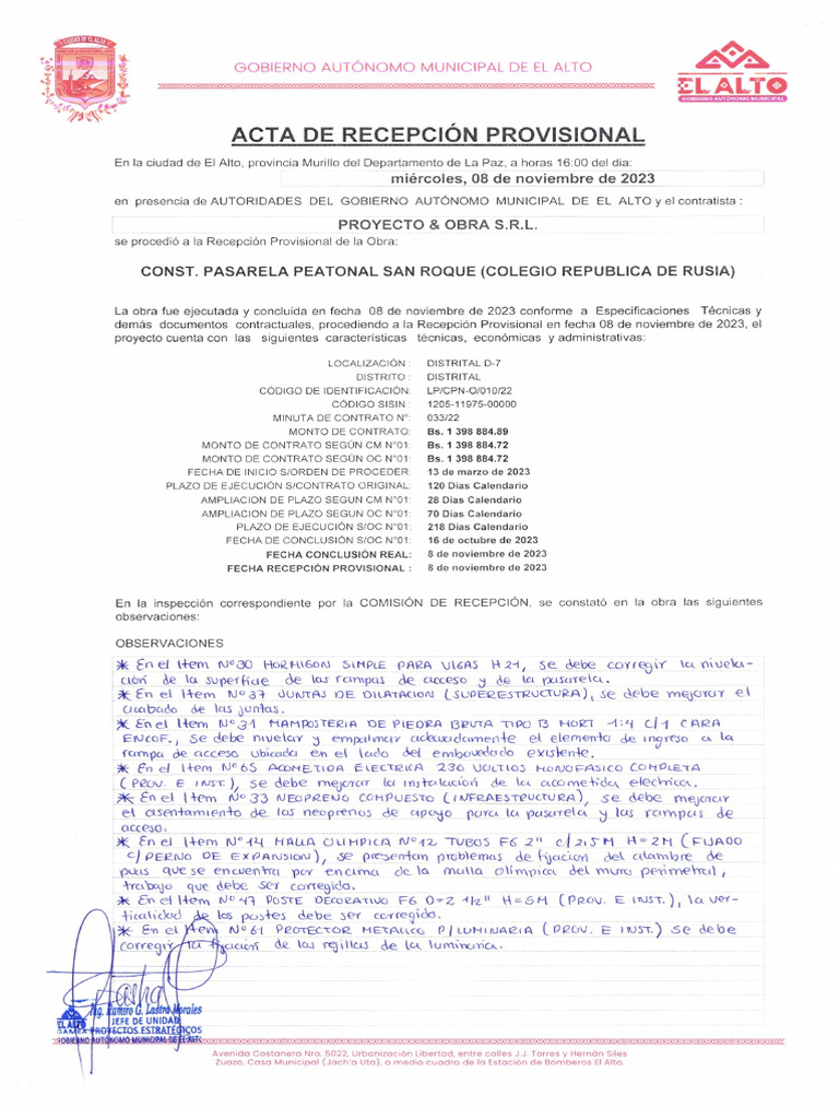 Acta de Recepcion Provisional | PDF
