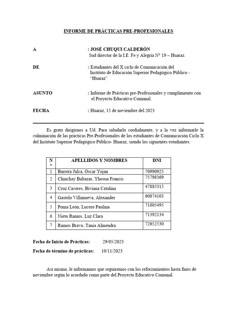 Informe de Prácticas Pre Profesionales | PDF