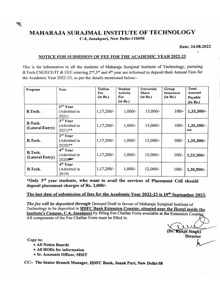 Fee Submission Notice Ay 2022 23 2nd 3rd and 4th Year Students | PDF