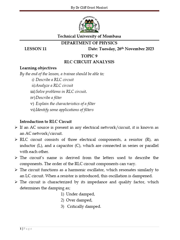 RLC Circuit Analysis | PDF | Electrical Network | Series And Parallel ...