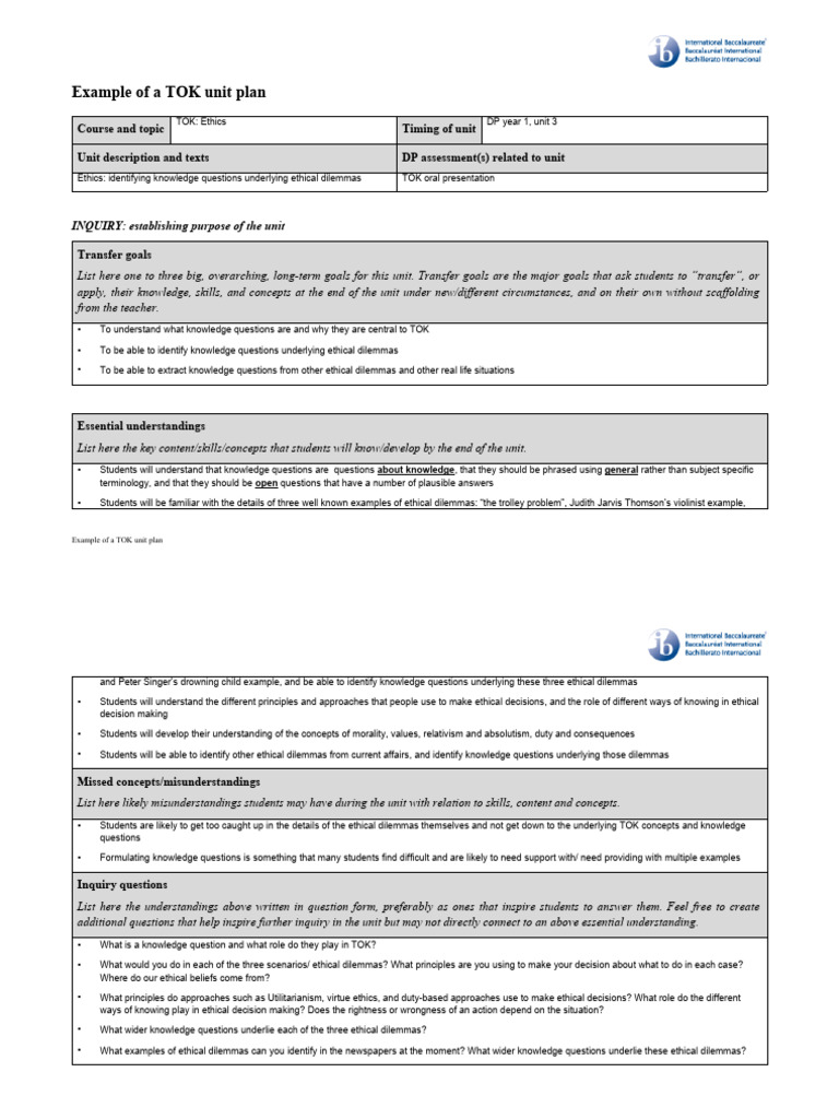 Example of A TOK Unit Plan e | PDF | Knowledge | Utilitarianism