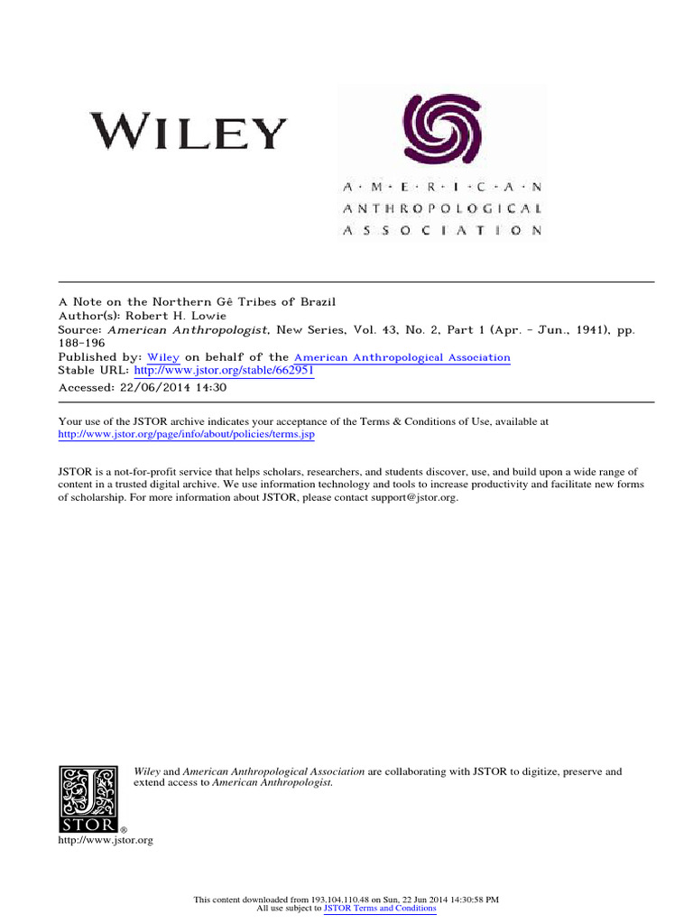 Lowie - A Note On The Northern Gê of Brazil | PDF | Pottery | Kinship