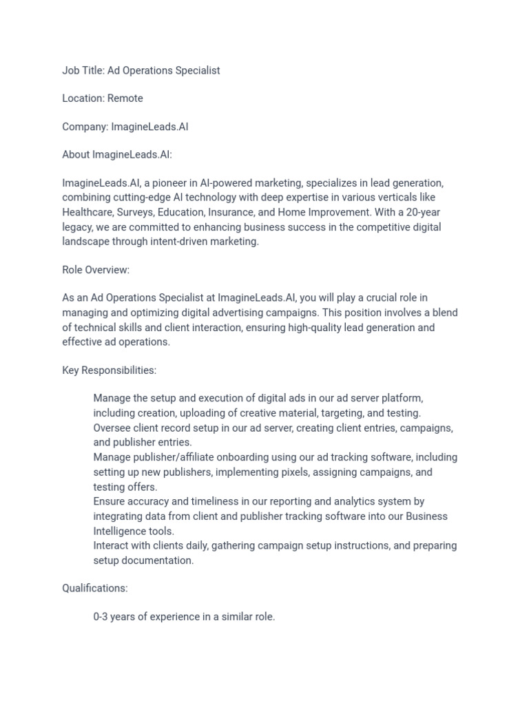 Ad Ops Specialist Job Description | PDF