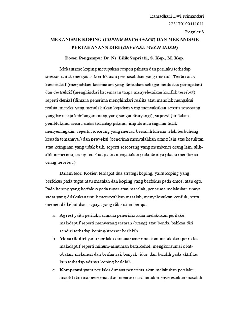 Mekanisme Koping (Coping Mechanism) Dan Mekanisme Pertahanann Diri (Defense Mechanism) | PDF