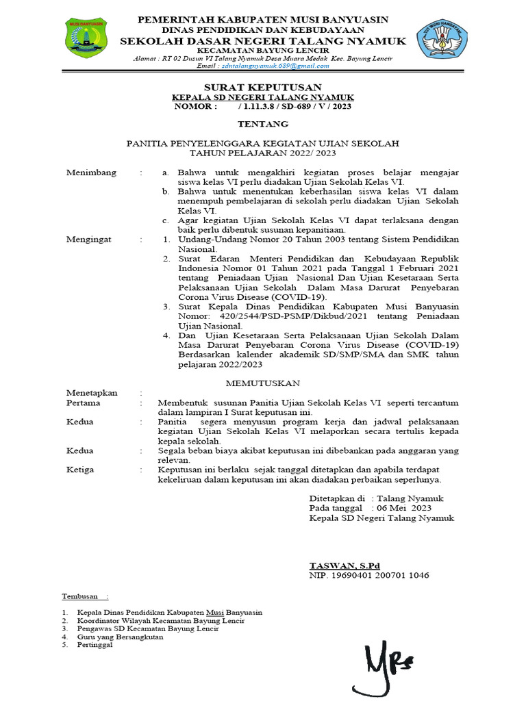 SK Panitia Ujian Sekolah SDN Talang Nyamuk 2023 | PDF