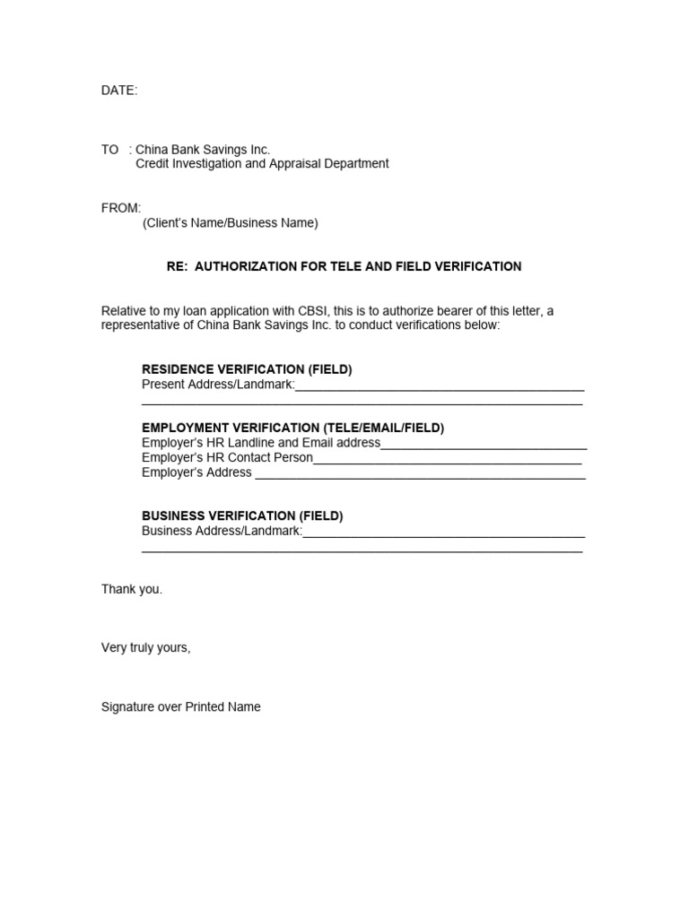 Authorization For Field and Tele Verification | PDF | Business ...