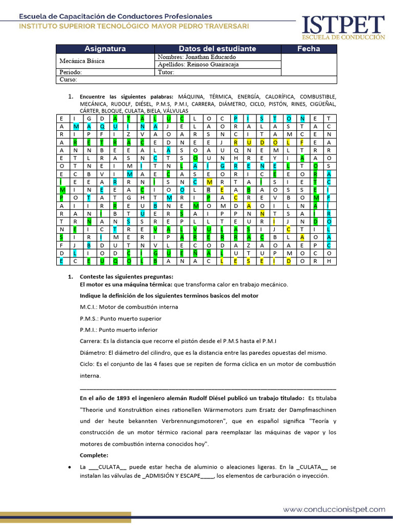 Taller #2 Motor Diesel | Descargar gratis PDF | Pistón | Máquinas