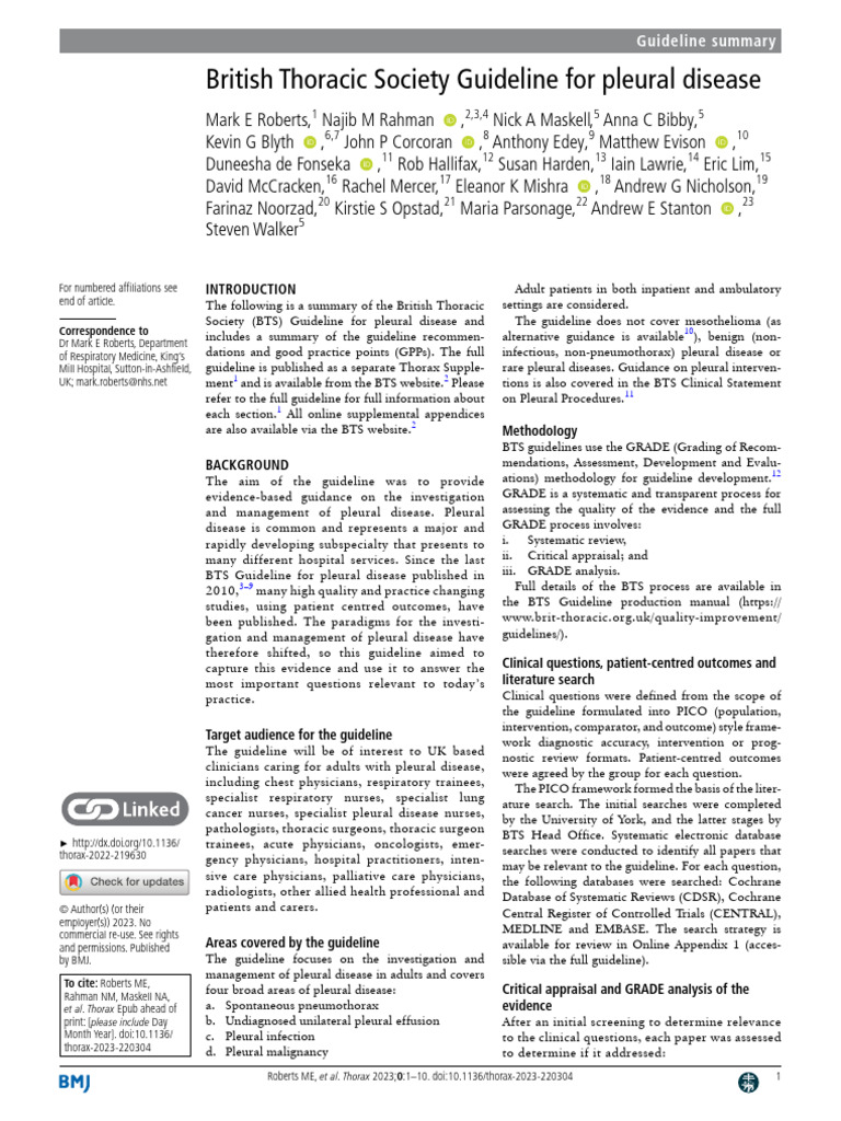 BTS Guideline For Pleural Disease Summary of Guideline | PDF | Systematic Review | Cancer