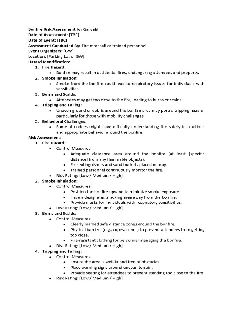 Bonfire Risk Assessment - DRAFT | PDF | Fire Safety | Risk Assessment