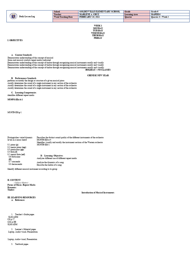 DLL - MAPEH - Q3 - W2 Music | PDF | Musical Compositions | Sound