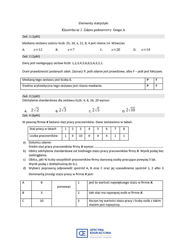 Elementy Statystyki Sprawdzian | PDF