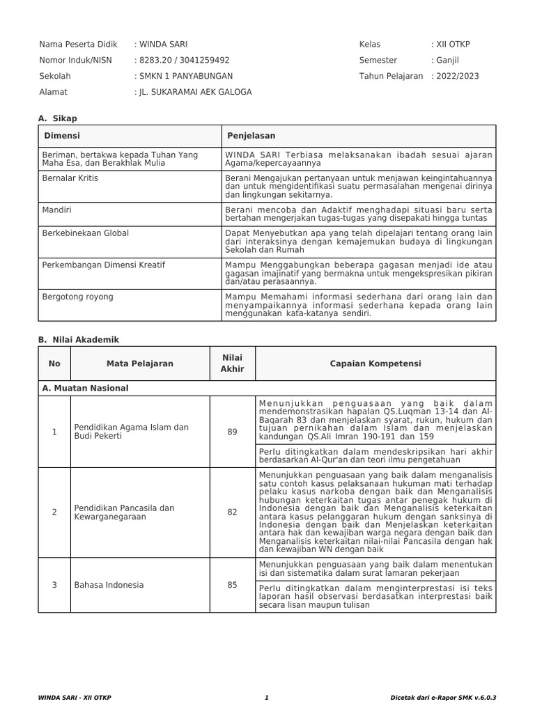Rapor Winda Sari - Xii Otkp | PDF