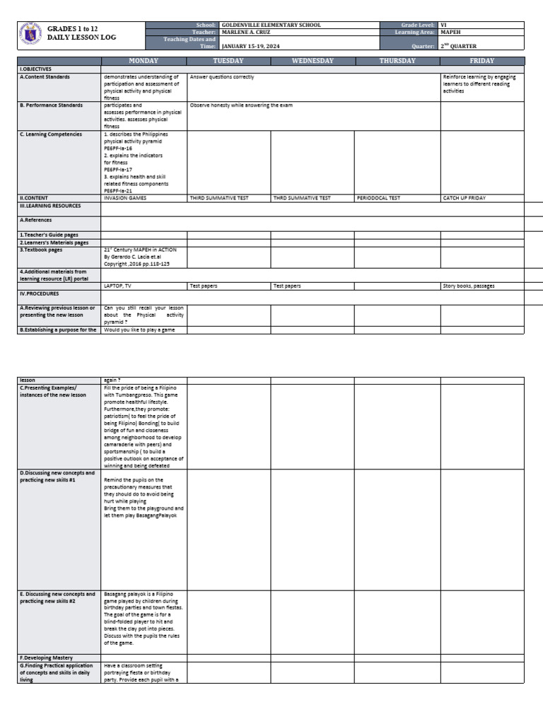DLL_MAPEH 6_Q2_W8-PE | PDF | Learning | Teachers DLL_MAPEH 6_Q2_W8-PE | PDF | Learning | Teachers