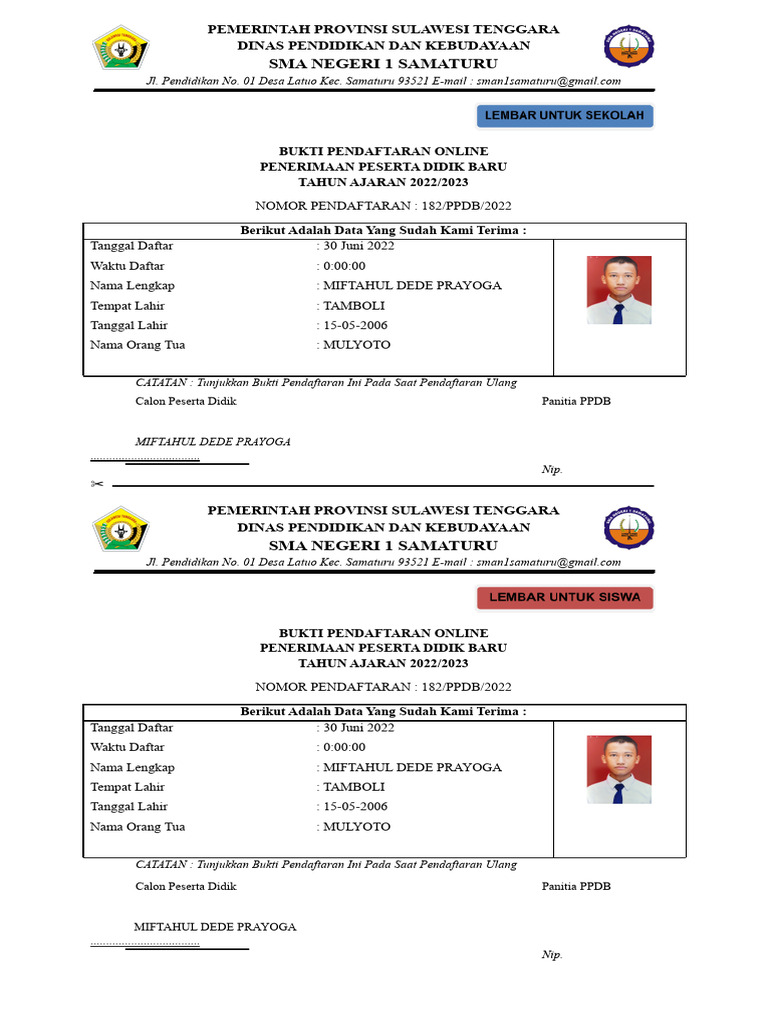 Bukti Pendaftaran PPDB 2022 MIFTAHUL DEDE PRAYOGA | PDF