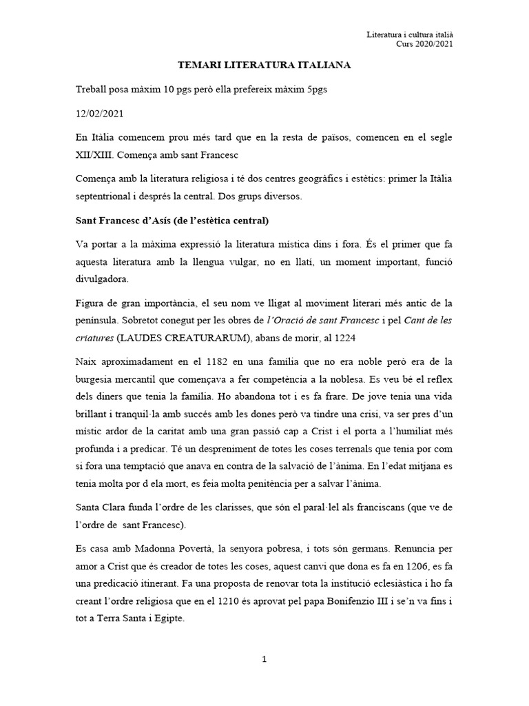 Temari Literatura Italiana | PDF