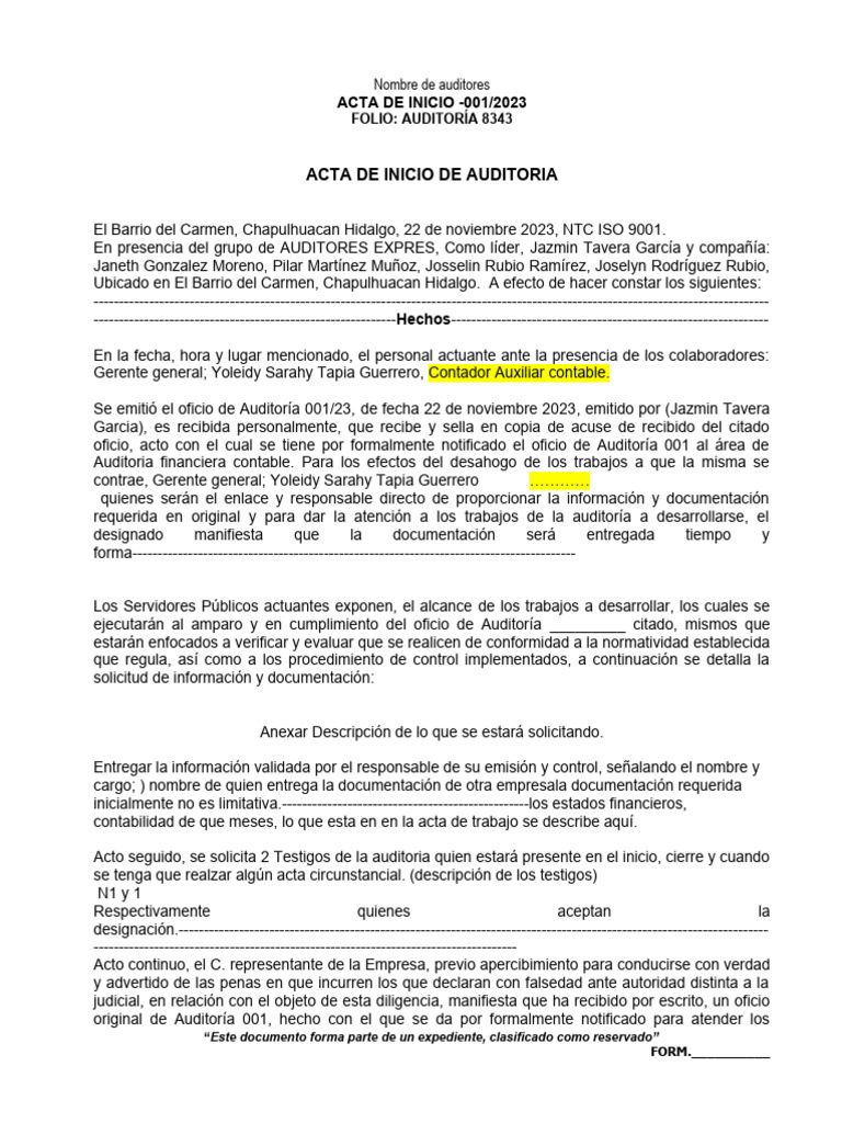 Acta de Inicio de Auditoria | PDF