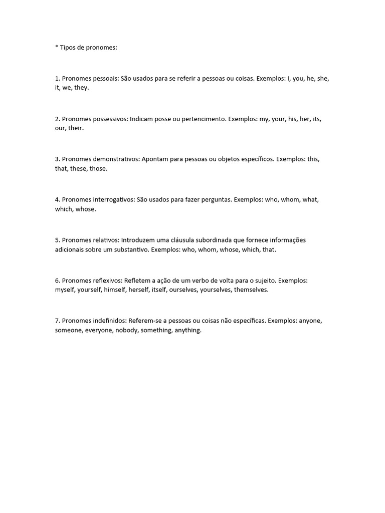 Tipos De Pronomes Pdf