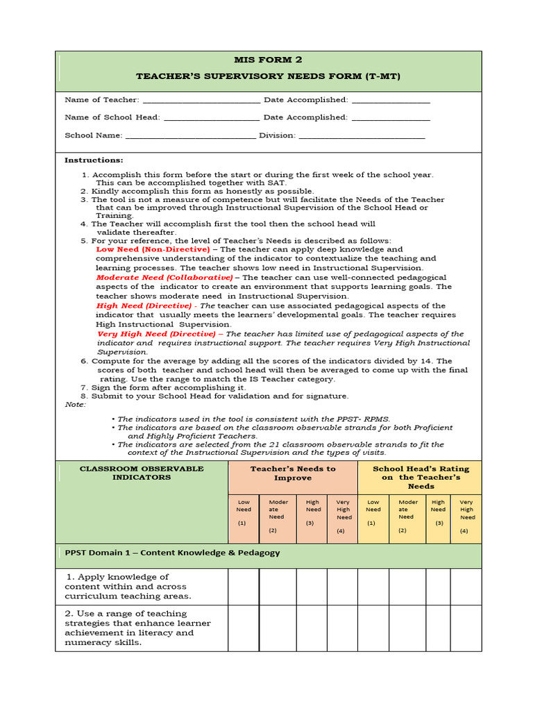Teacher Supervisory Needs Assessment Form | PDF | Learning | Teachers