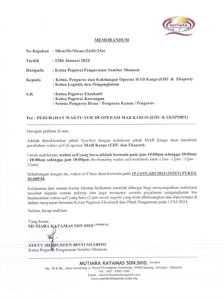 Memo-Perubahan Waktu Syif | PDF