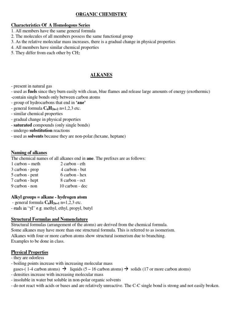 Organic Chemistry Notes On Alkanes To Esters Student Pdf Alkane