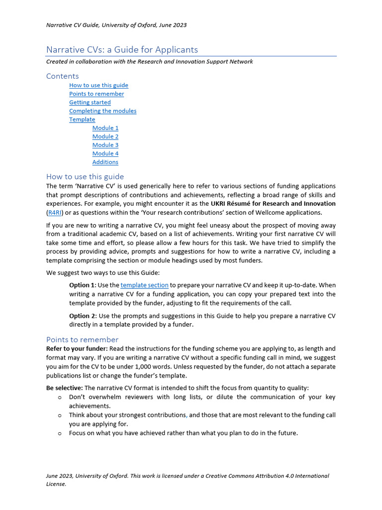 Narrative CV Guide Oxford June 2023 0 | PDF | Mentorship | Leadership