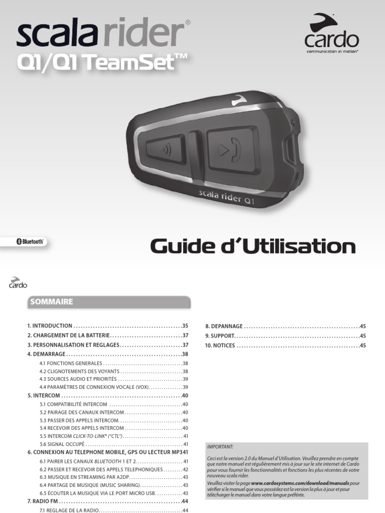 Cardo Scalarider Q1 - Emploi | PDF | Casque audio | Bluetooth
