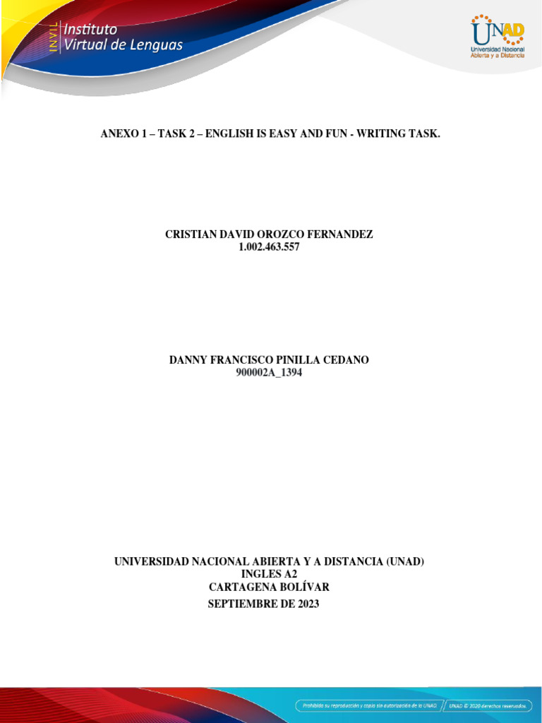Anexo 1 - Task 2 - English Is Easy and Fun. Writing Task | PDF