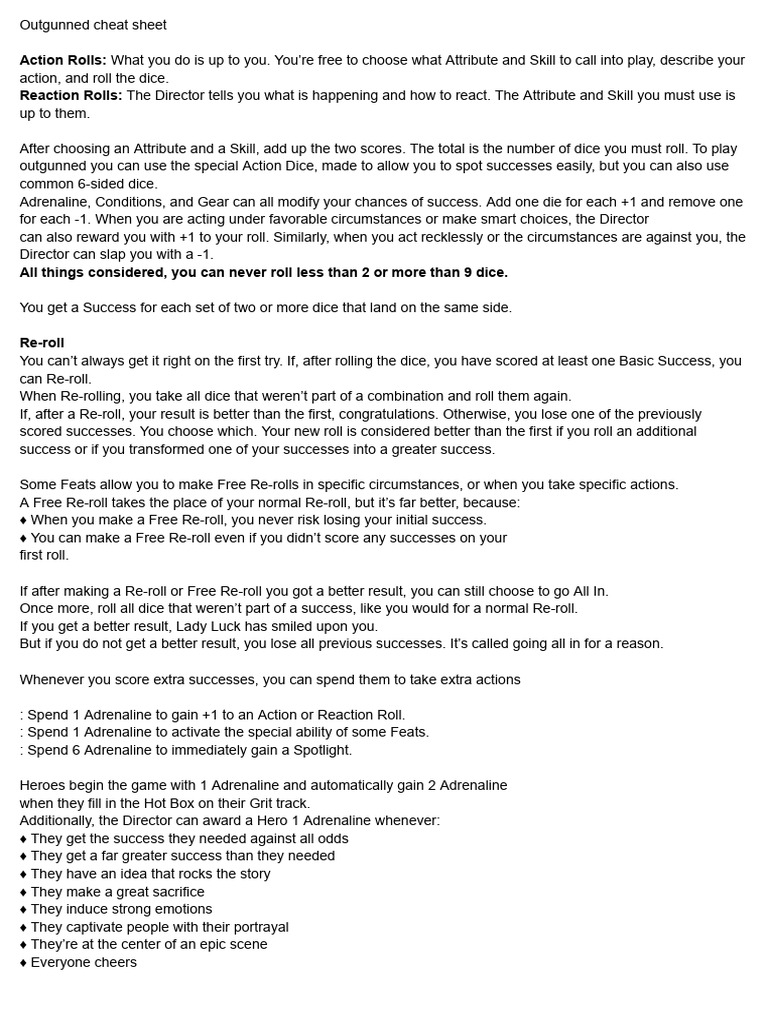 Outgunned Cheat Sheet | PDF | Dice