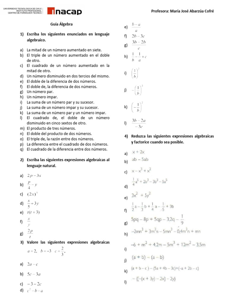 Guía álgebra Pdf Matemáticas álgebra