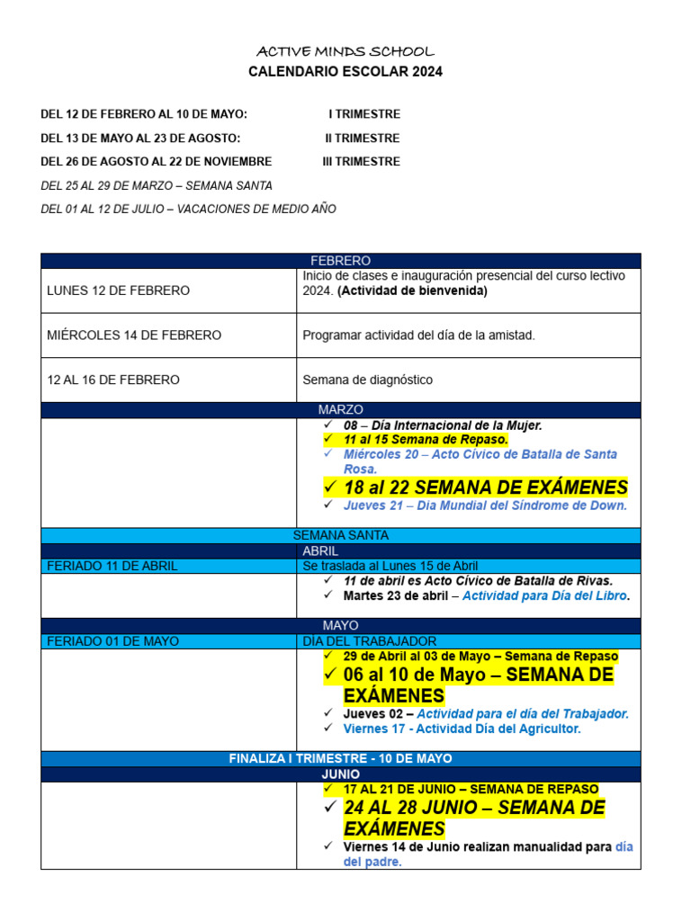 Calendario Escolar 2024 Active Minds | PDF