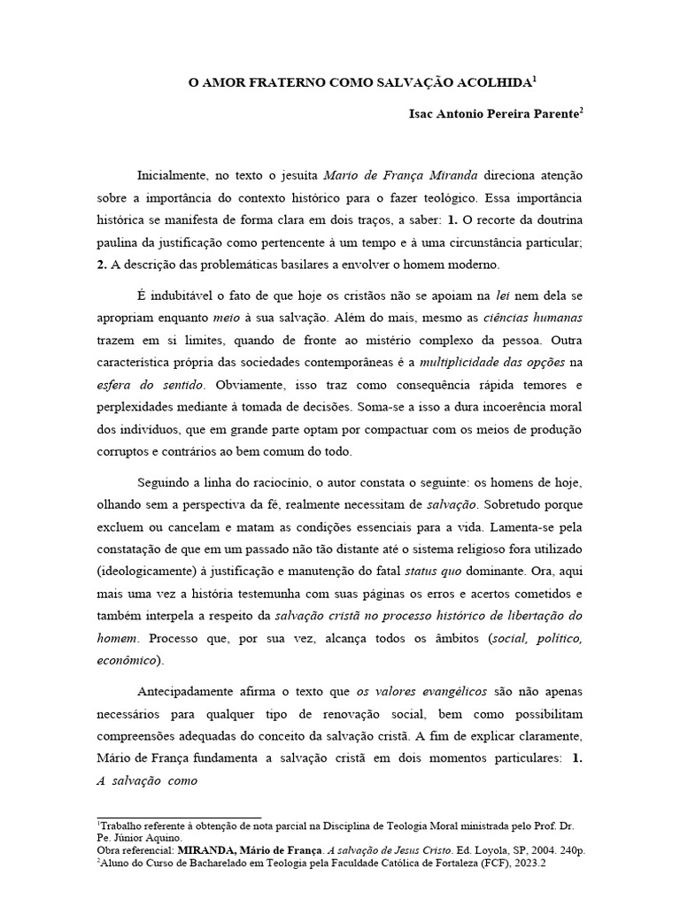 O Amor Fraterno Como Salvação Acolhida - Ap2 | PDF | Liberdade | Amor