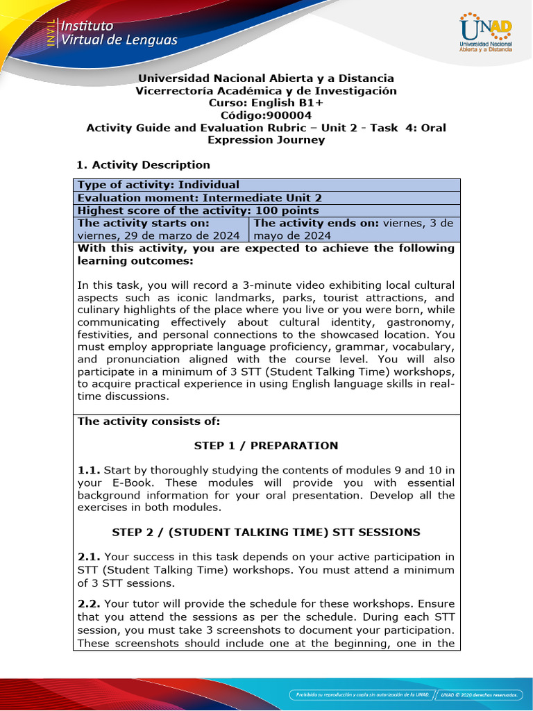 Activity Guide and Evaluation Rubric - Unit 2 - Task 4 Oral Expression Journey | PDF ...