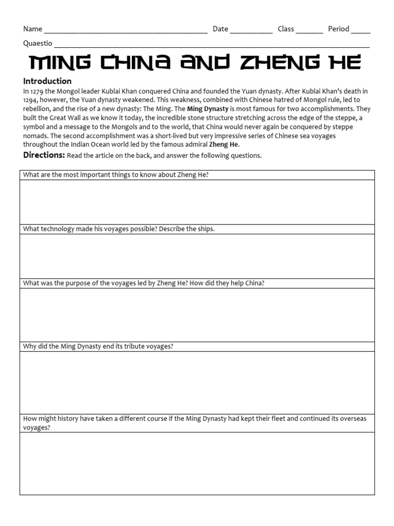 Ming China and Zheng He Reading and Questions | PDF | China | World ...