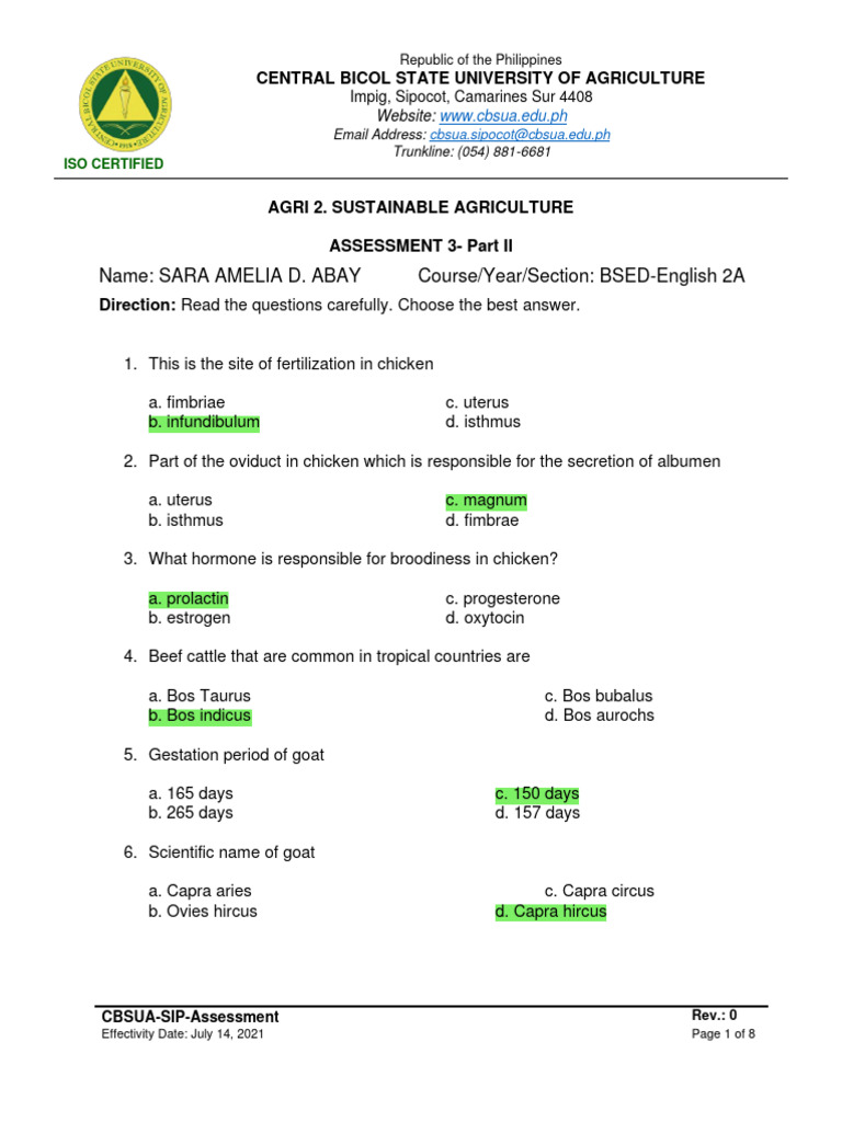 Assessment-3 Part2 Agri2 Abay Bsed-English-2a | PDF | Chicken | Poultry