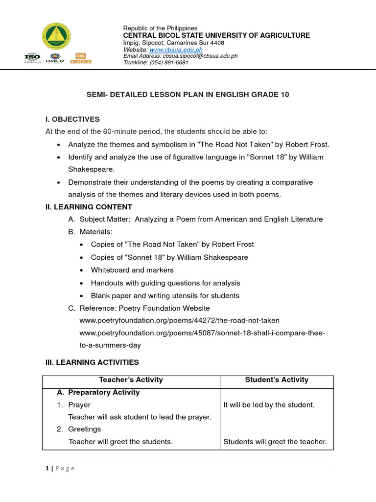 SEMI Detailed Lesson Plan | PDF | Poetry | Sonnets