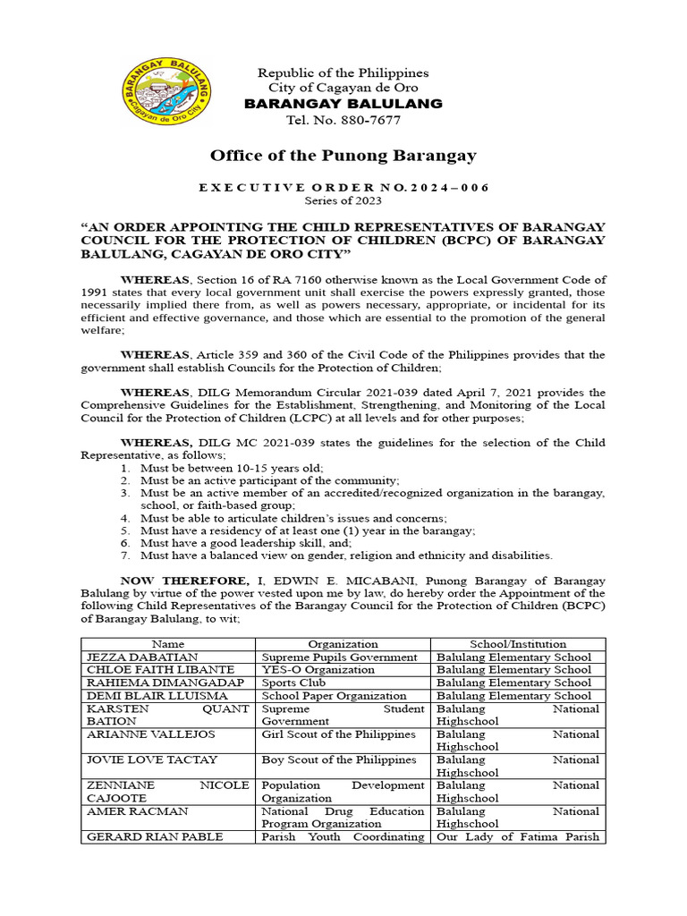 Executive Order No. 2024-006 - BCPC Child Representative | PDF ...